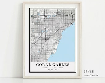 Coral Gables Map, Coral Gables Art, Coral Gables Print, Coral Gables FL ...