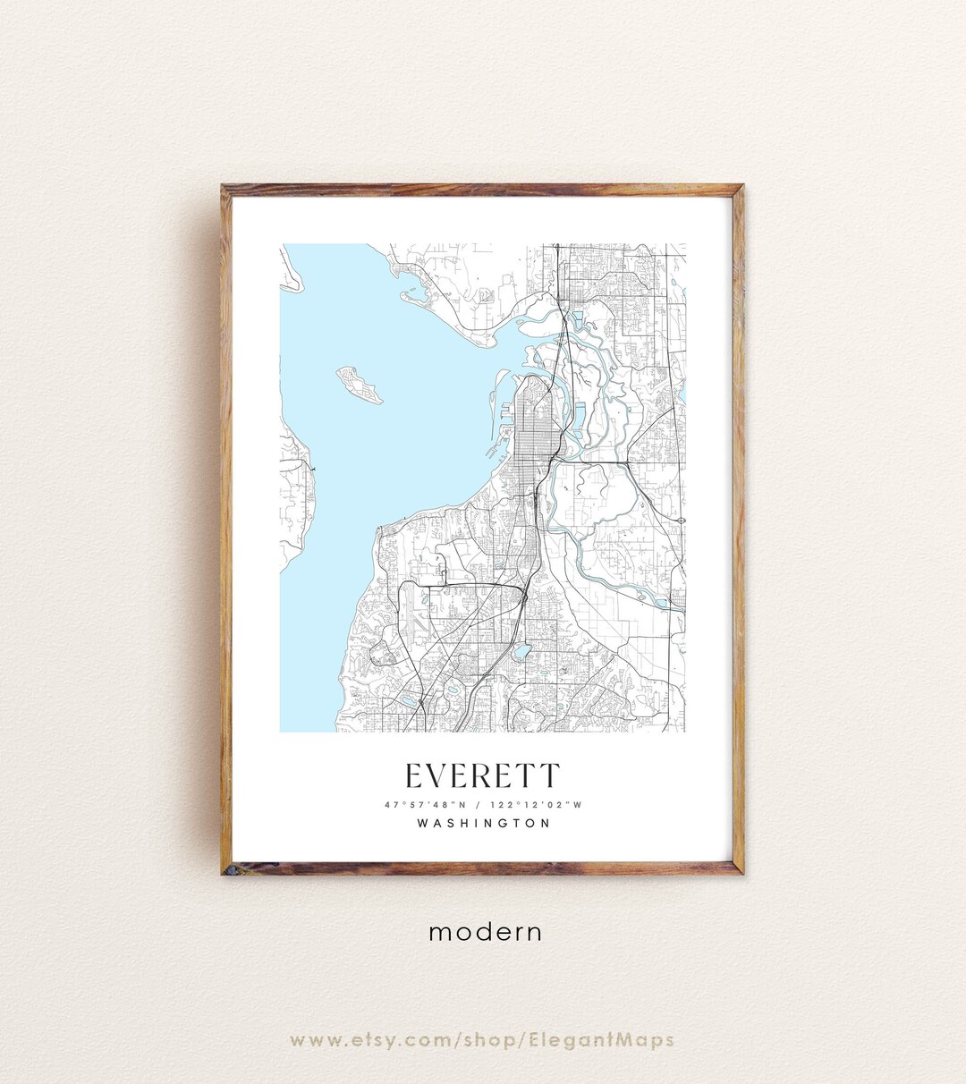 Everett Washington Map, Everett WA Map, Everett City Print, Everett ...