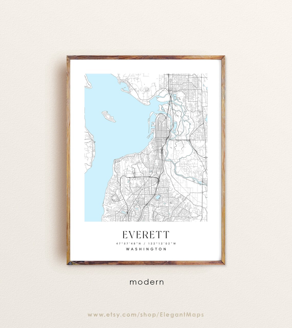 Everett Washington map Everett WA map Everett city print | Etsy