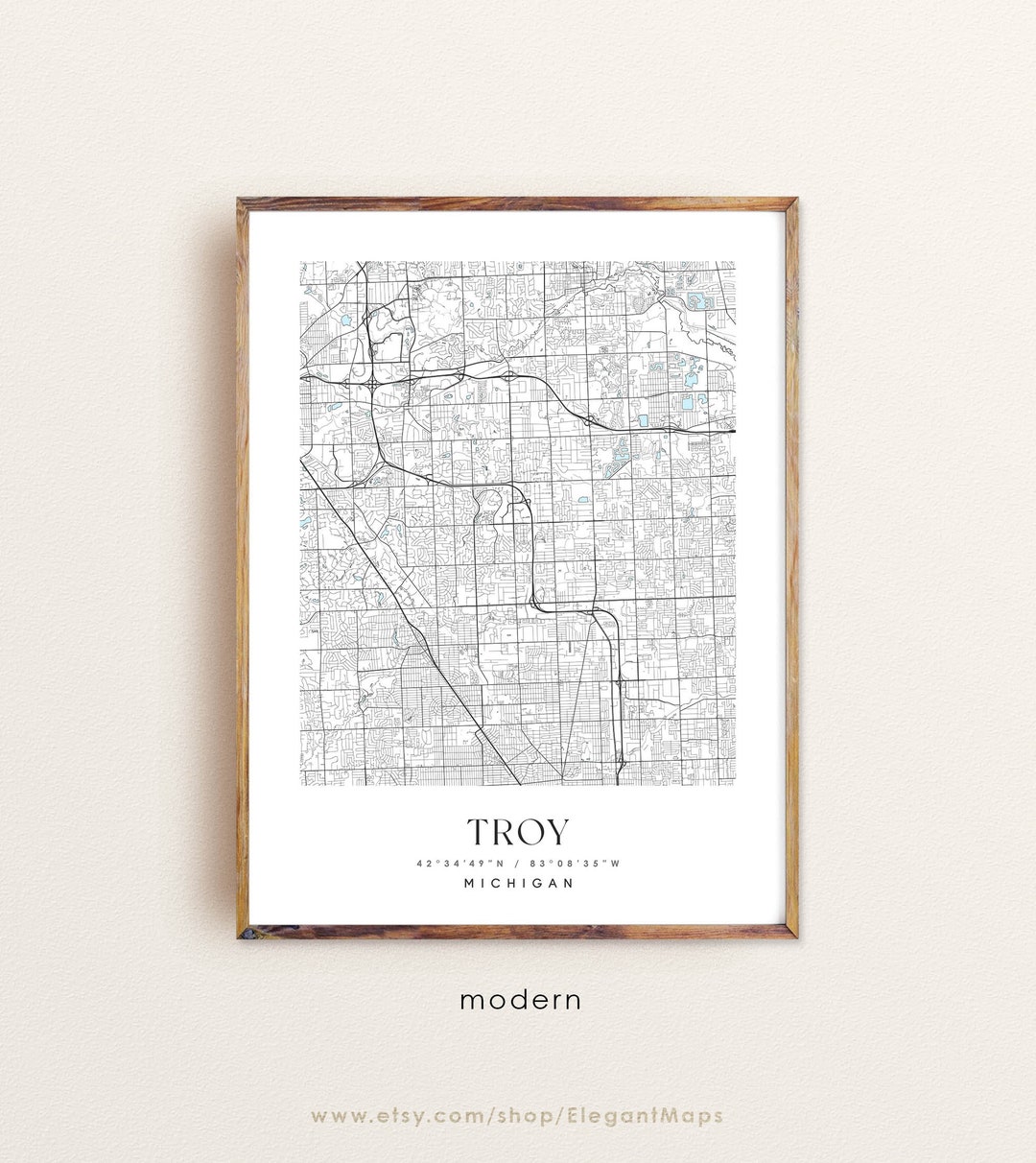 Troy Michigan Map, Troy MI Map, Troy City Print, Troy Poster, Troy Art ...