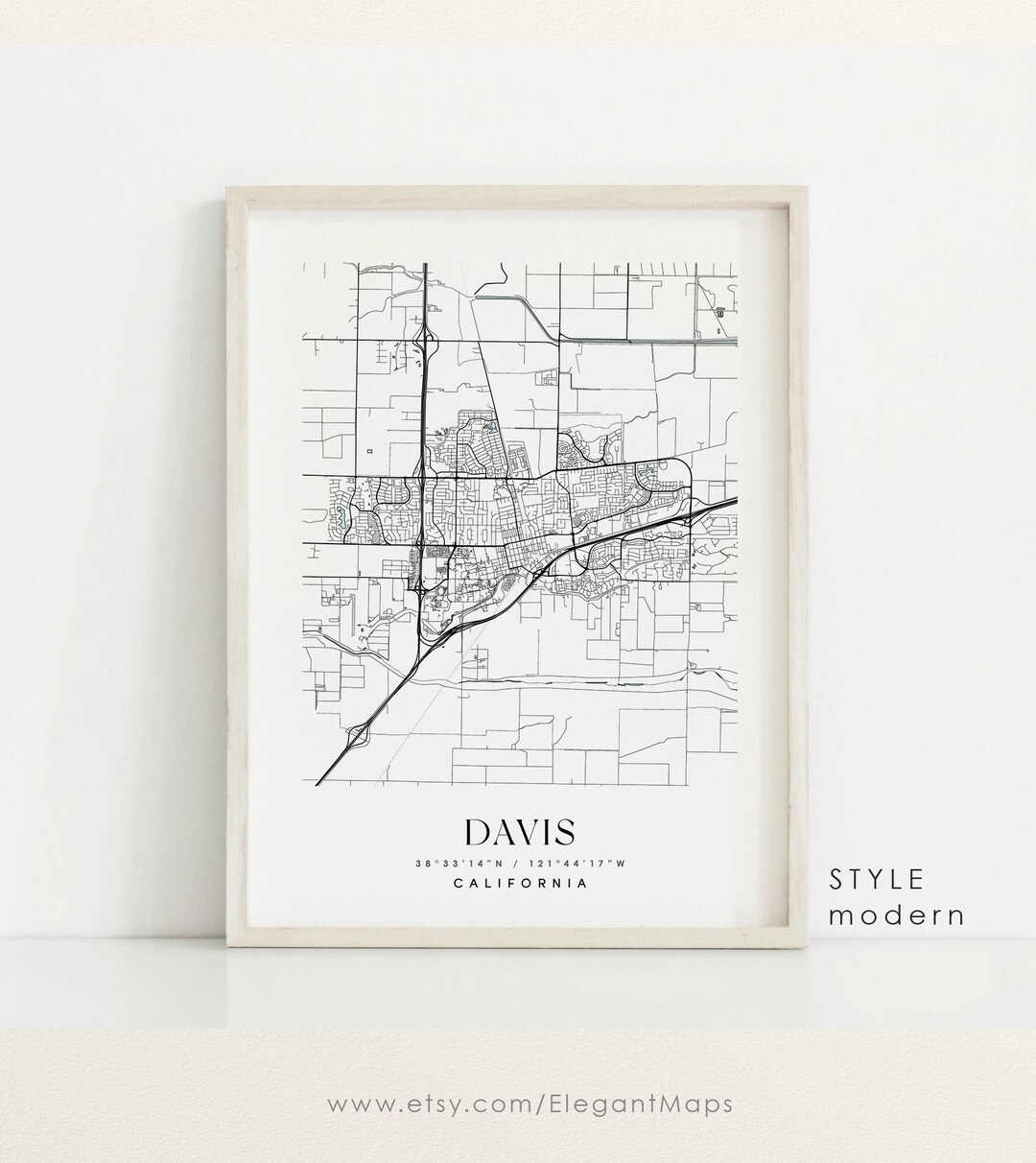 Impresión artística del mapa de Davis, California: mapa de la ciudad ...