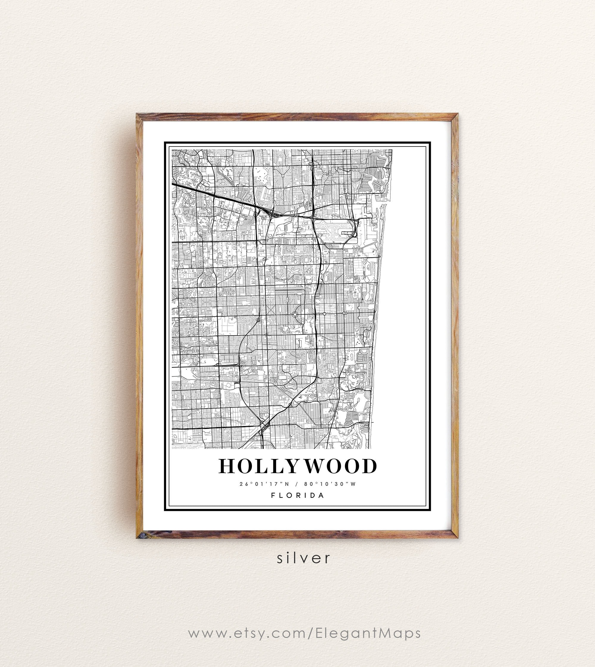 Hollywood Florida Map Hollywood FL Map Hollywood City Map | Etsy