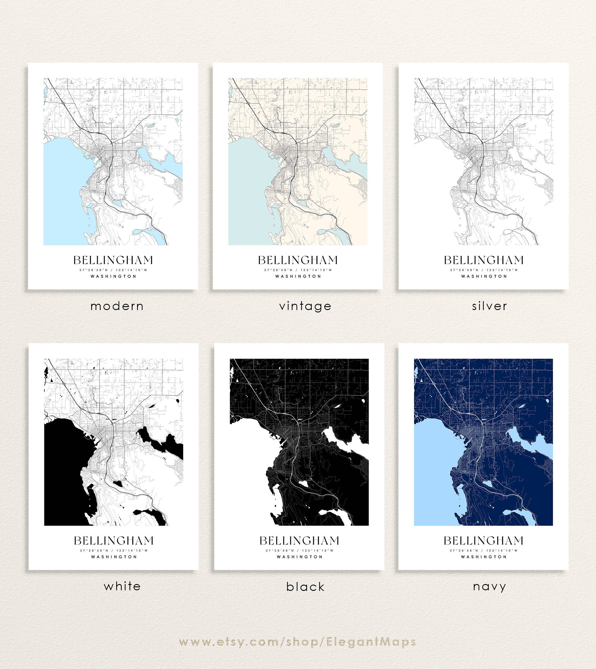 Bellingham Washington map Bellingham WA map Bellingham city | Etsy