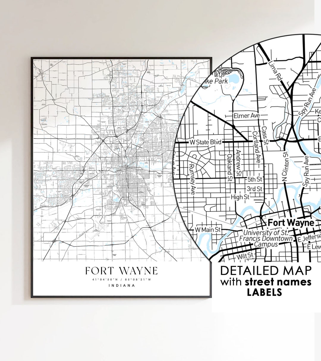 Fort Wayne IN Map With Street Name Labels A Stylish and Detailed ...