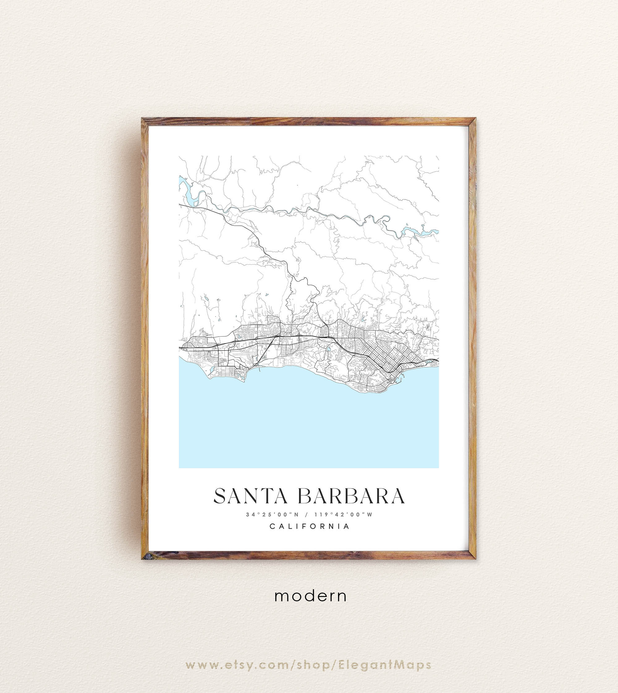 Santa Barbara California Map Santa Barbara CA Map Santa | Etsy