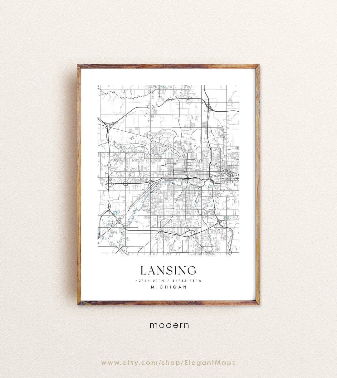 Mapa de Lansing Michigan, mapa de Lansing MI, impresión de la ciudad de ...