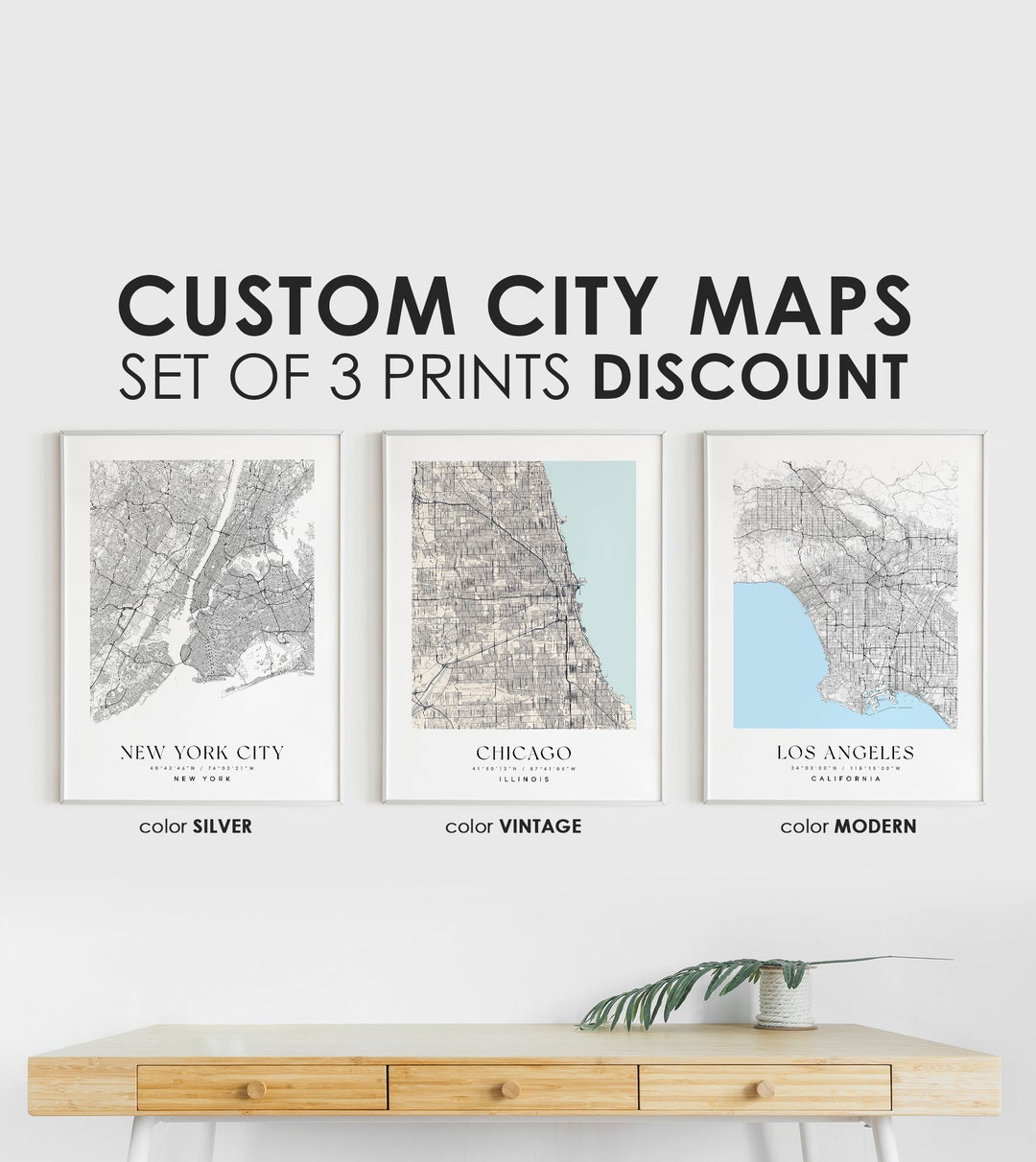 Custom City Map Prints: Set of 3, Personalized Location - Etsy