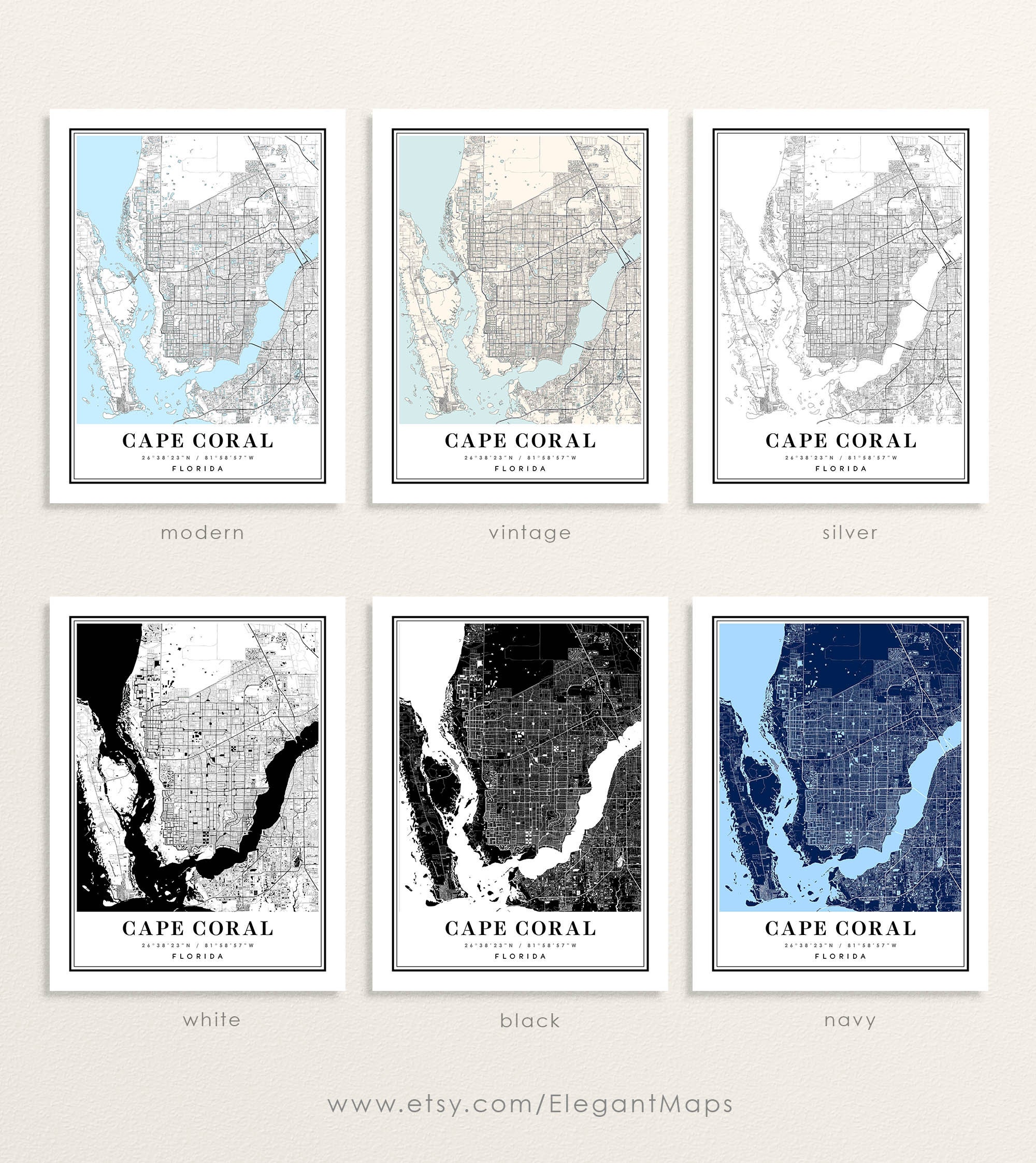 Cape Coral Florida Map Cape Coral FL Map Cape Coral City | Etsy