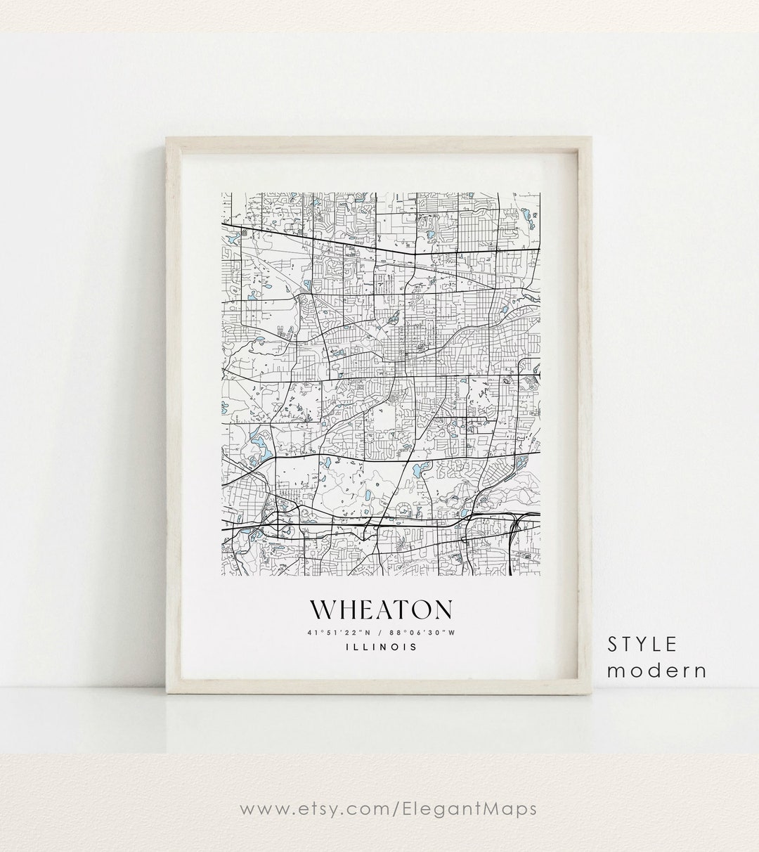Wheaton Illinois Map, Wheaton IL Map, Wheaton City Print, Wheaton ...