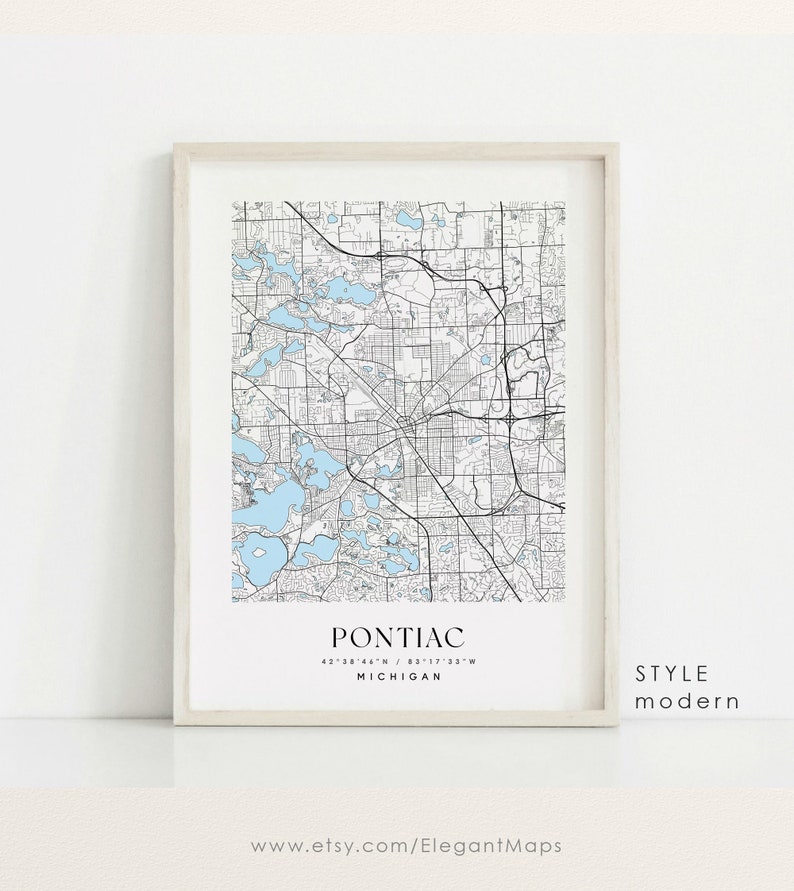 Pontiac Michigan Map, Pontiac MI Map, Pontiac City Print, Pontiac ...