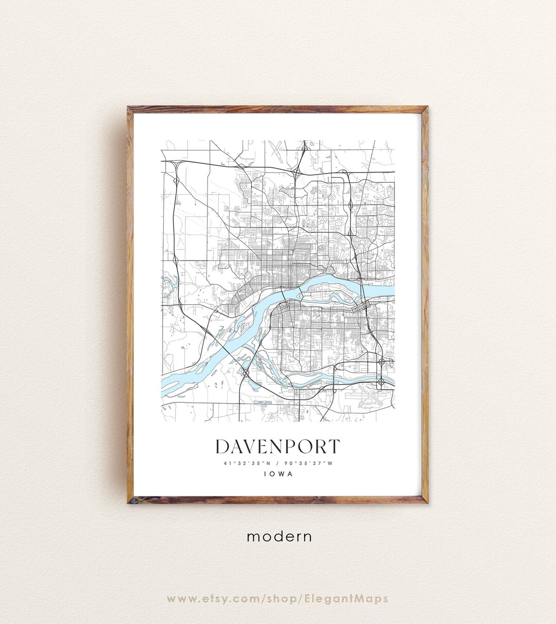 Davenport Iowa Map, Davenport IA Map, Davenport City Print, Davenport ...