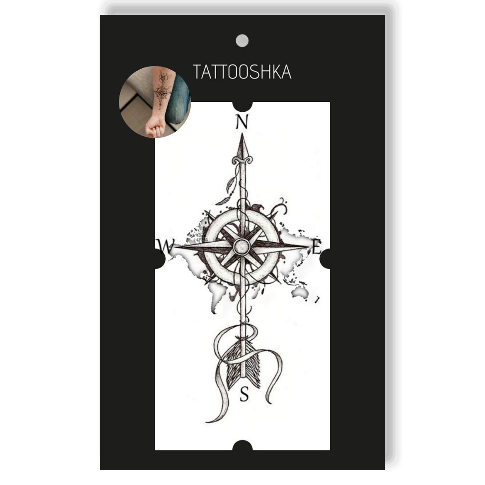 Compass Fake Tattoo World Map Tattoo Hand Drawn Fine Line - Etsy