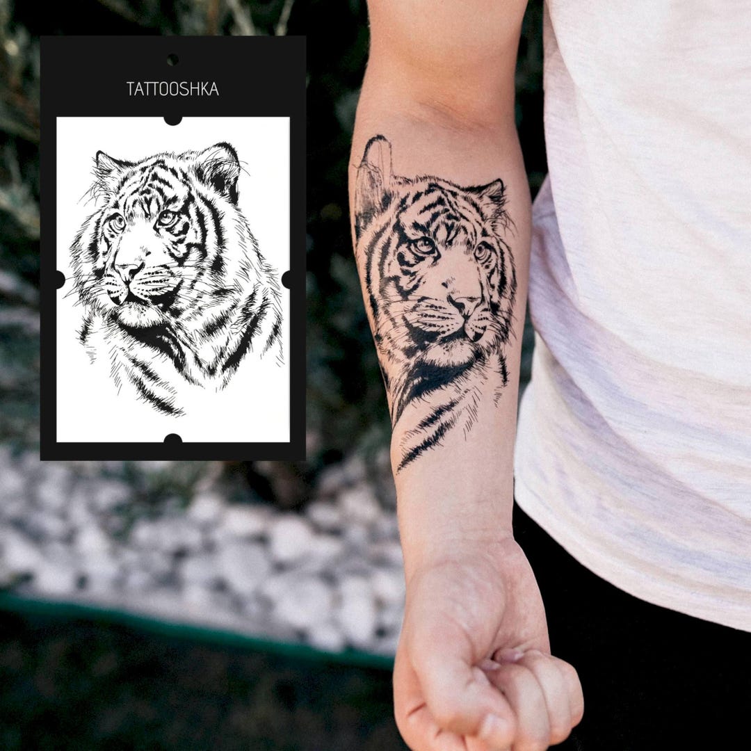 Men's Tiger Temporary Tattoo | Realistic Wild Animal Black Ink Design ...