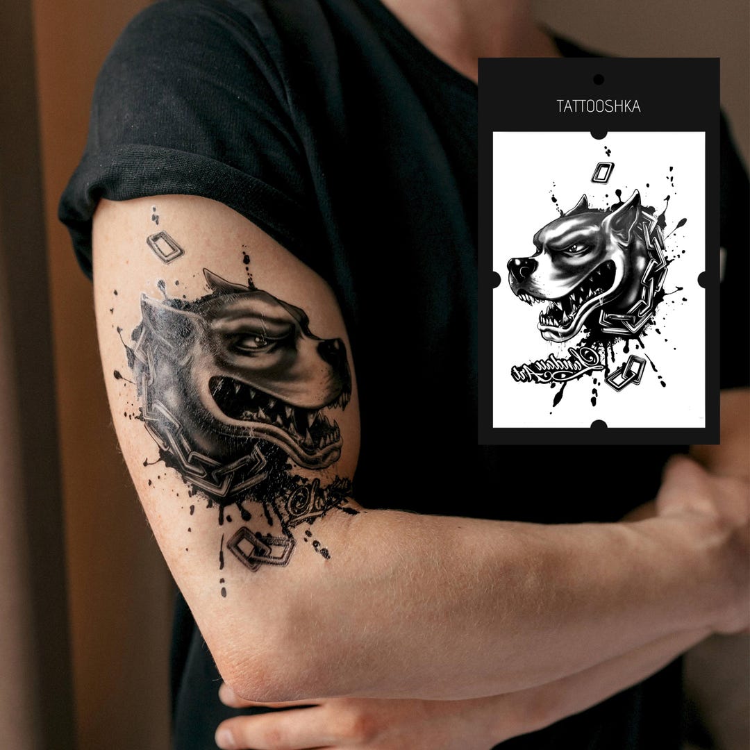 Aggressive Dog Head Temporary Tattoo for Men | Realistic Black Ink ...