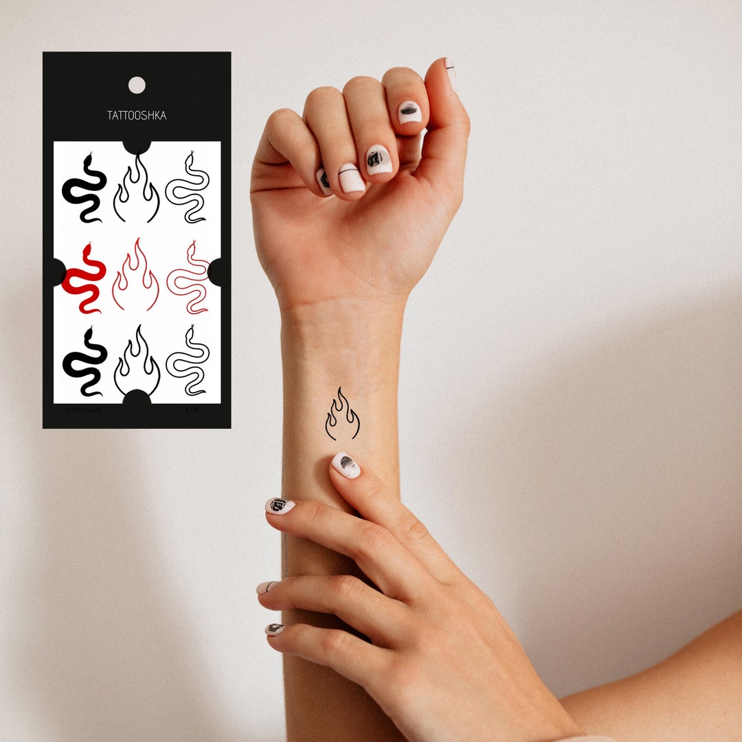 Fake Tattoo Snake and Fire Women Watercolor Temp Tattoo Hand Drawn Thin ...