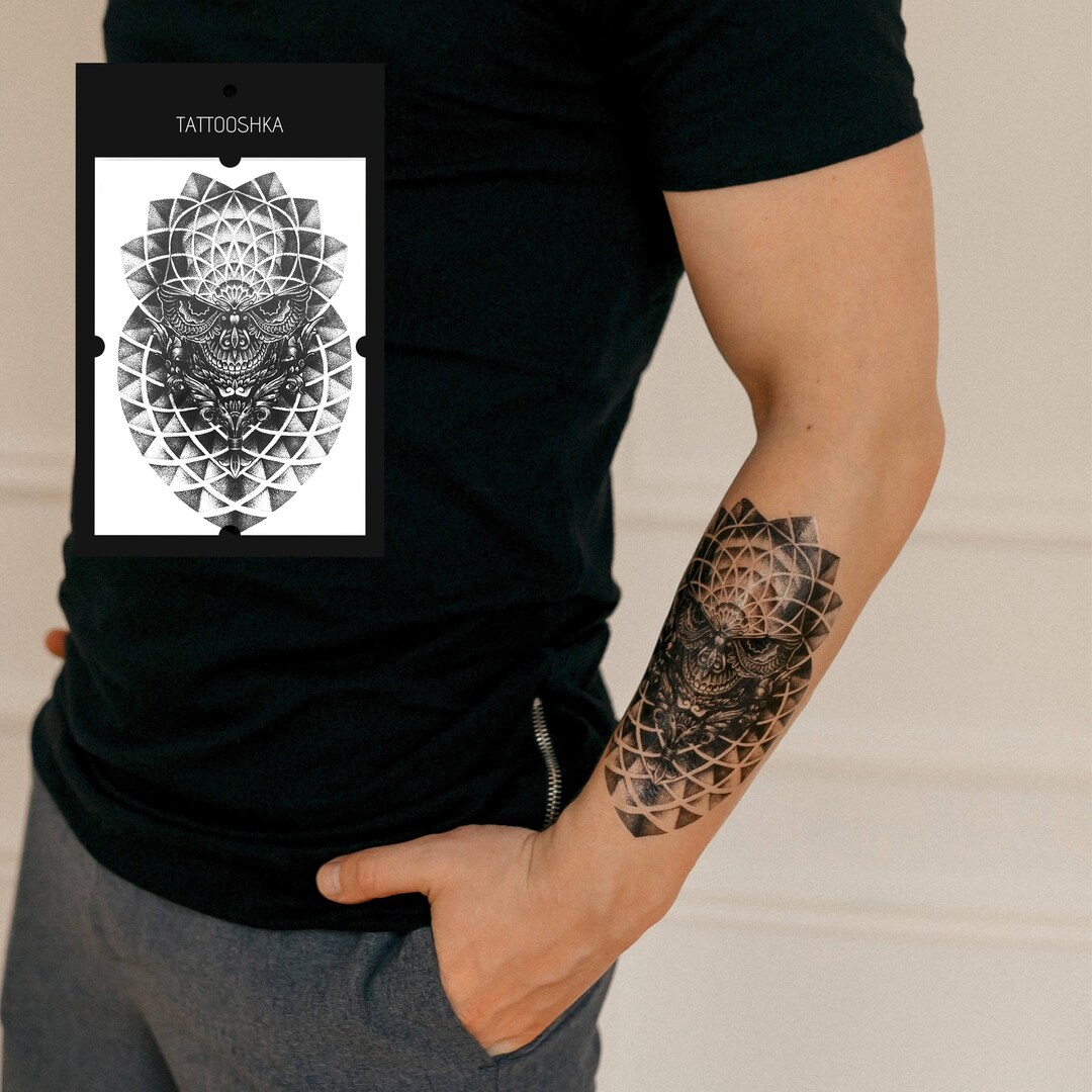 Sacred Geometry Skull Temporary Tattoo | Blackwork Geometric Forearm ...