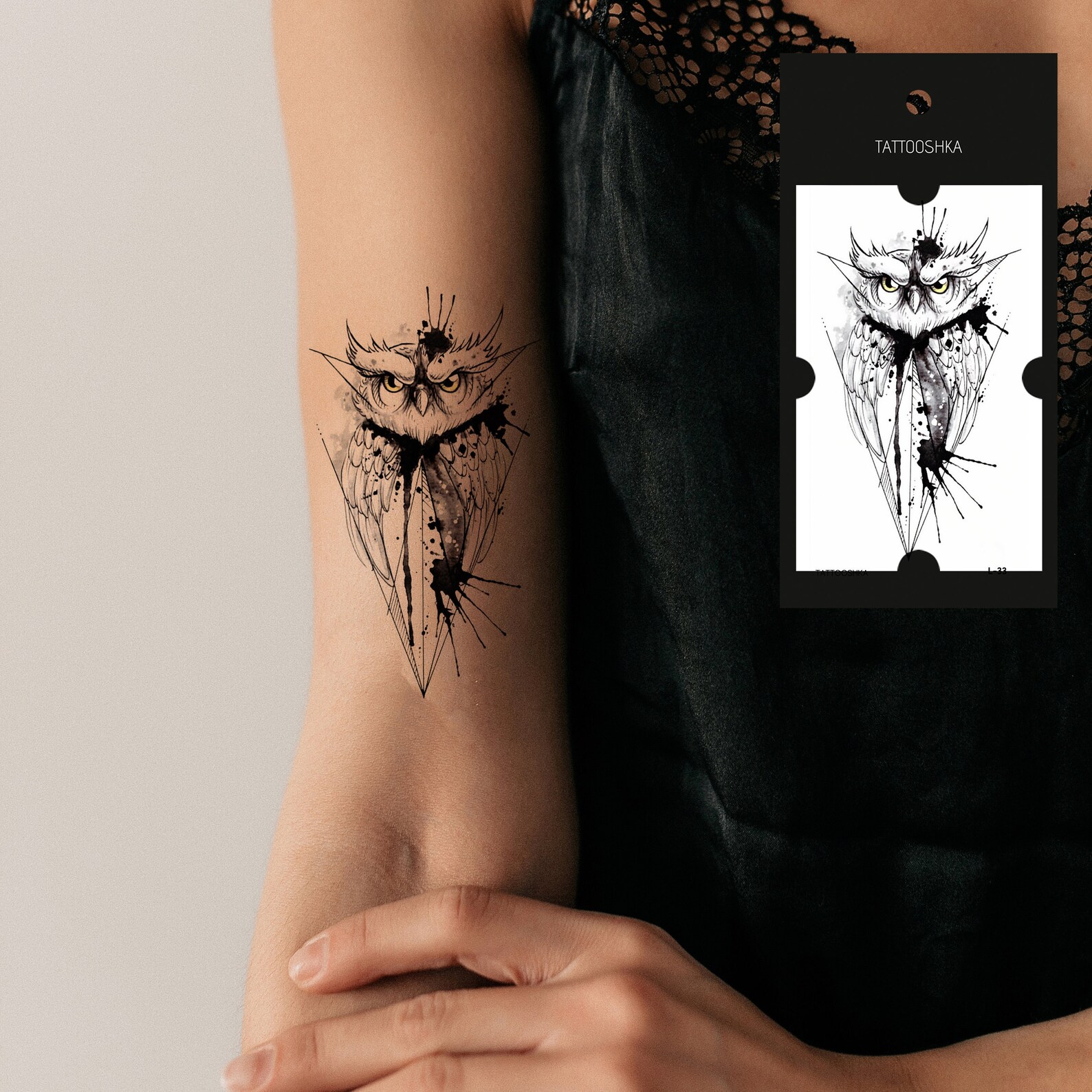 Owl Temporary Tattoo Large Temporary Tattoo Fake Black Tattoo for Men ...