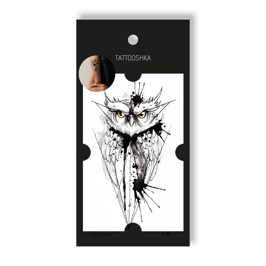 Owl Temporary Tattoo Large Temporary Tattoo Fake Black Tattoo for Men ...