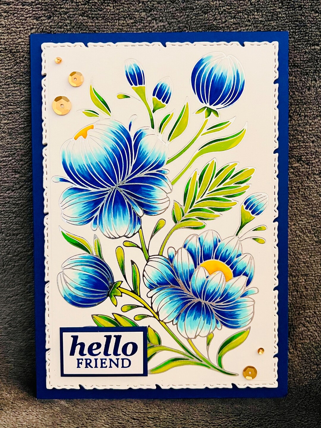 Silver Outlined Blue Floral hello Friend Card - Etsy