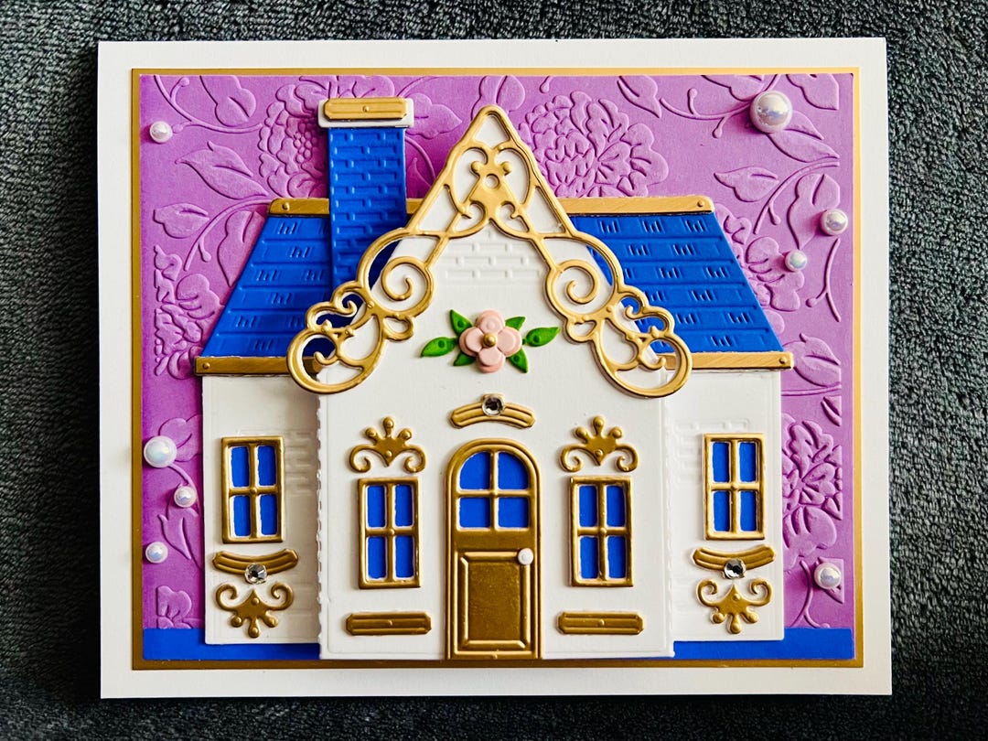Dimensional White and Blue House With Gold Trim Blank Card - Etsy