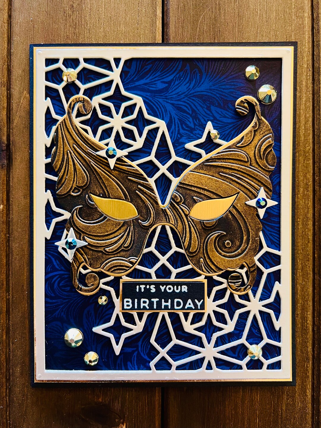 Gold Scrollwork Masquerade Mask Birthday Card - Silver Stars, Elegant ...