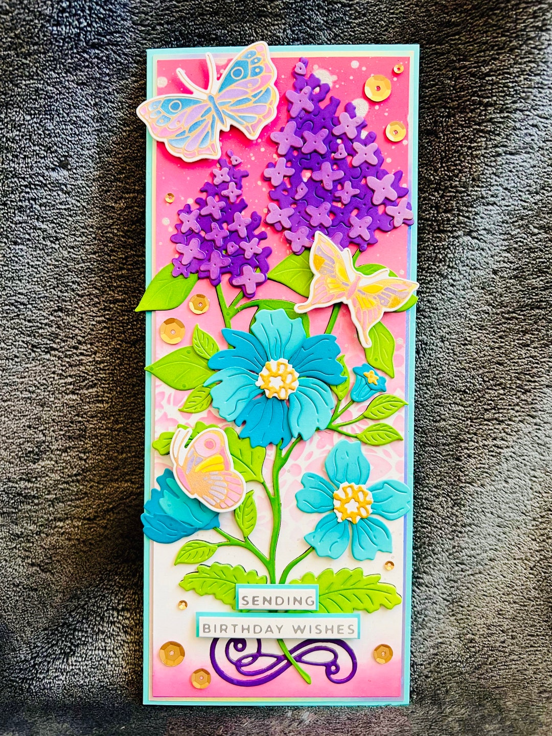 Slimline Lavender and Blue Floral Birthday Card - Elegant and Beautiful ...