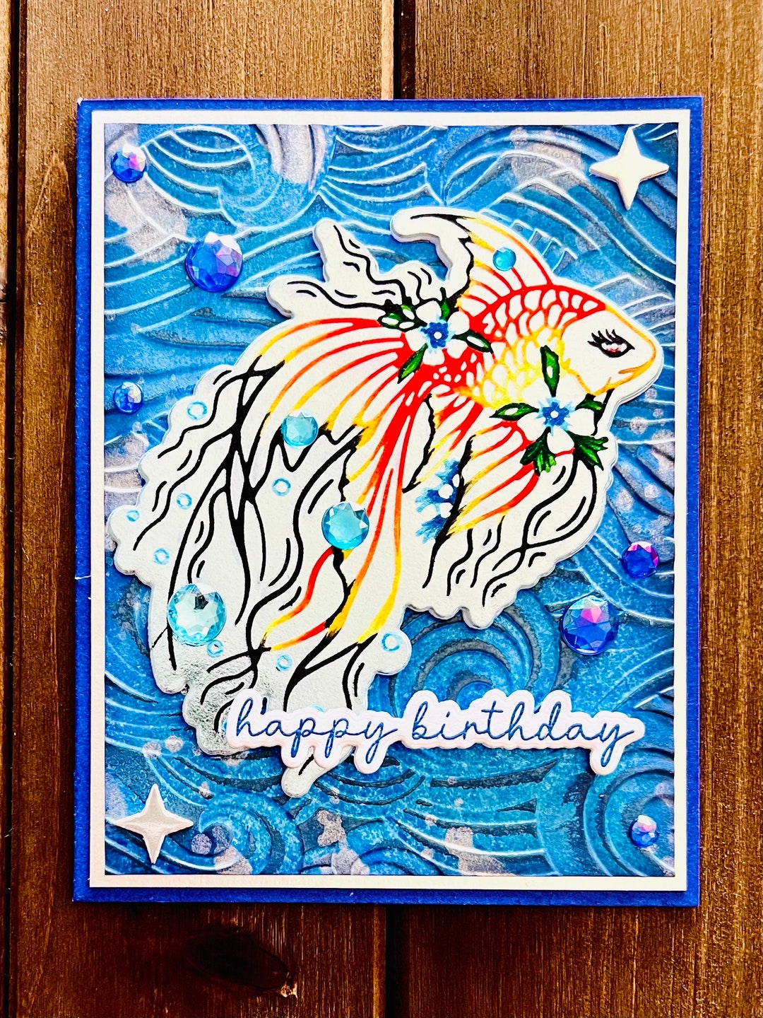 Betta Fish Birthday Card: Embossed Wave, Gem Accents - Etsy