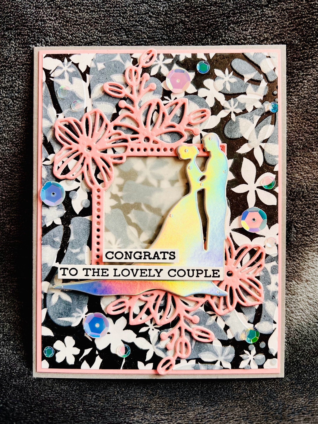 Wedding Congratulations Card With Pink Floral Frame and Bride and Groom ...