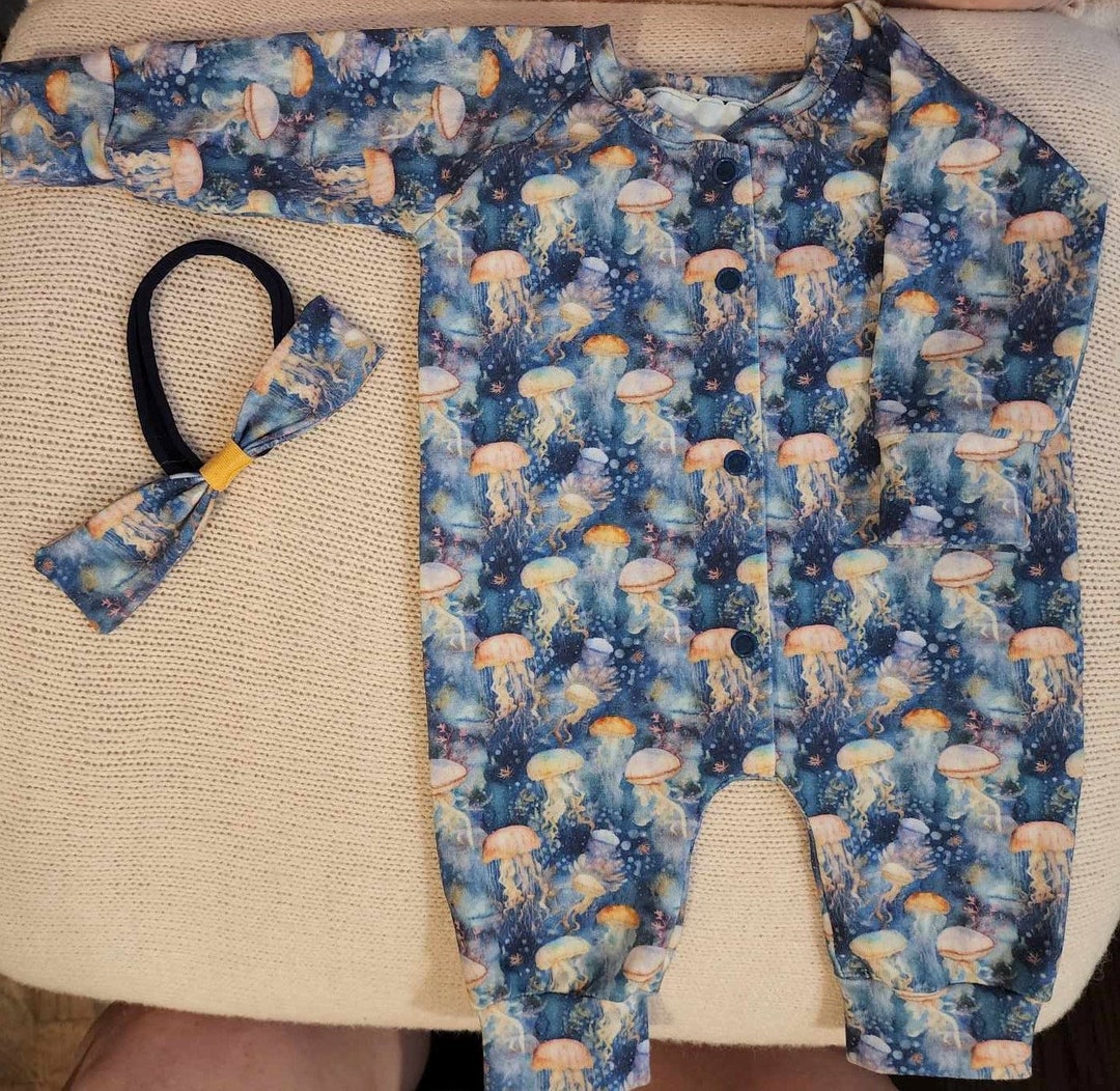 19-20 Light Blue Jellyfish Non Foot Pj Sleeper With Matching Bow or Hat ...