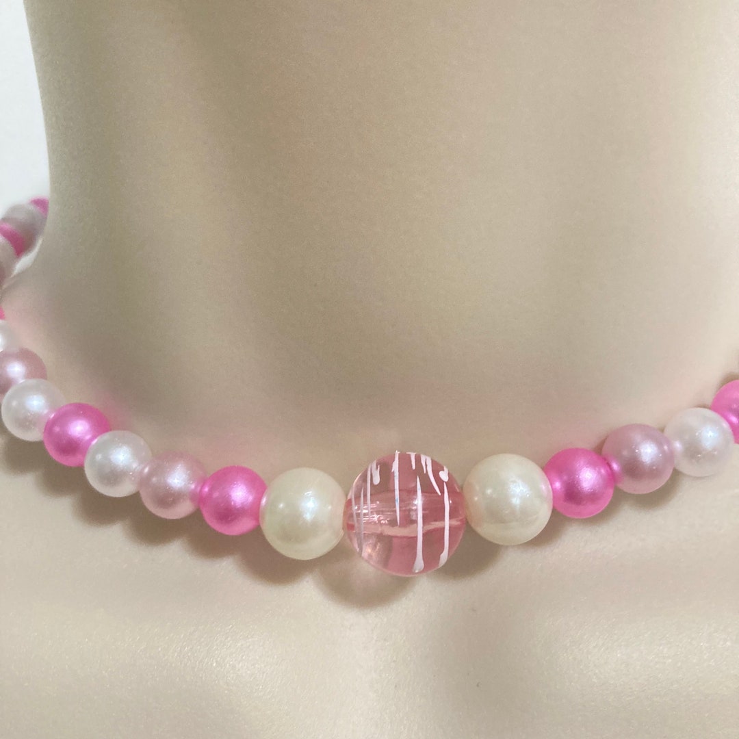 BARBIE Core Pink Swirled Pink White Pearl Rose Colored Beads Statement ...