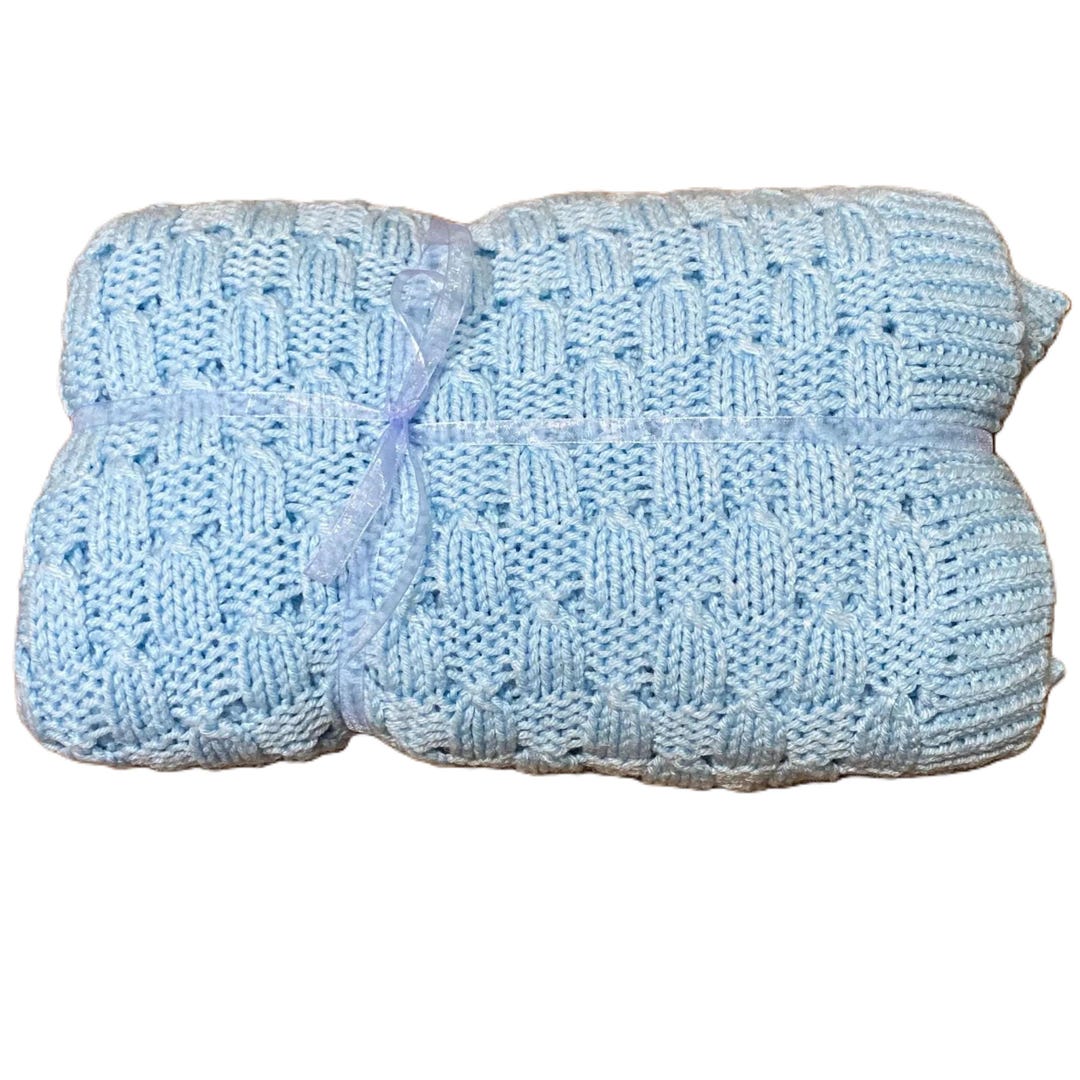 Hand Knitted Baby Blanket Baby Blue Basket Weave Pattern Small Squares ...