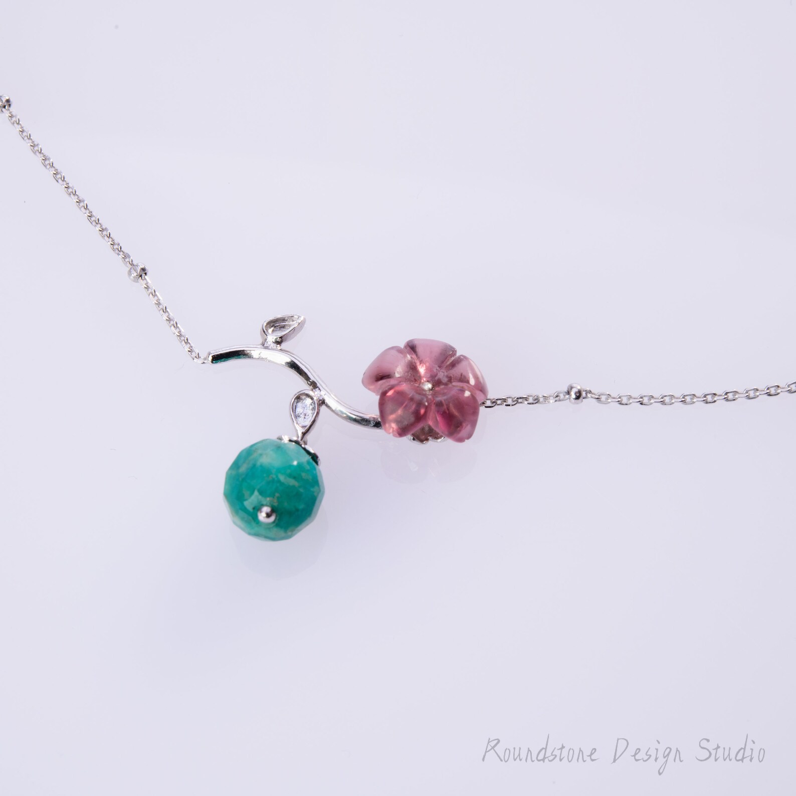 Amazonite and Glazed Purple Floral Necklace 18K White Gold Filled Chain ...