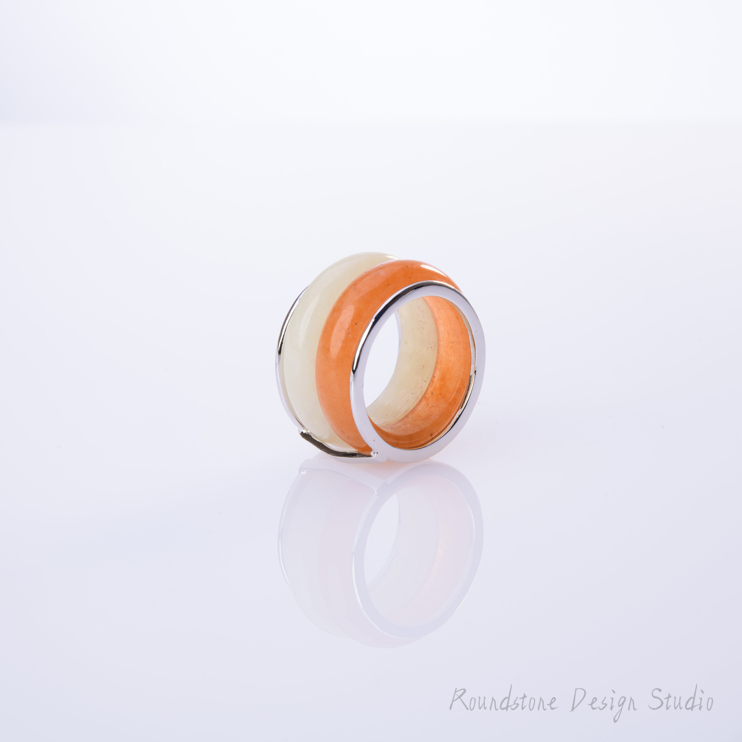 Dual Band White and Orange Jade Ring 18K White Gold Filled Handmade ...