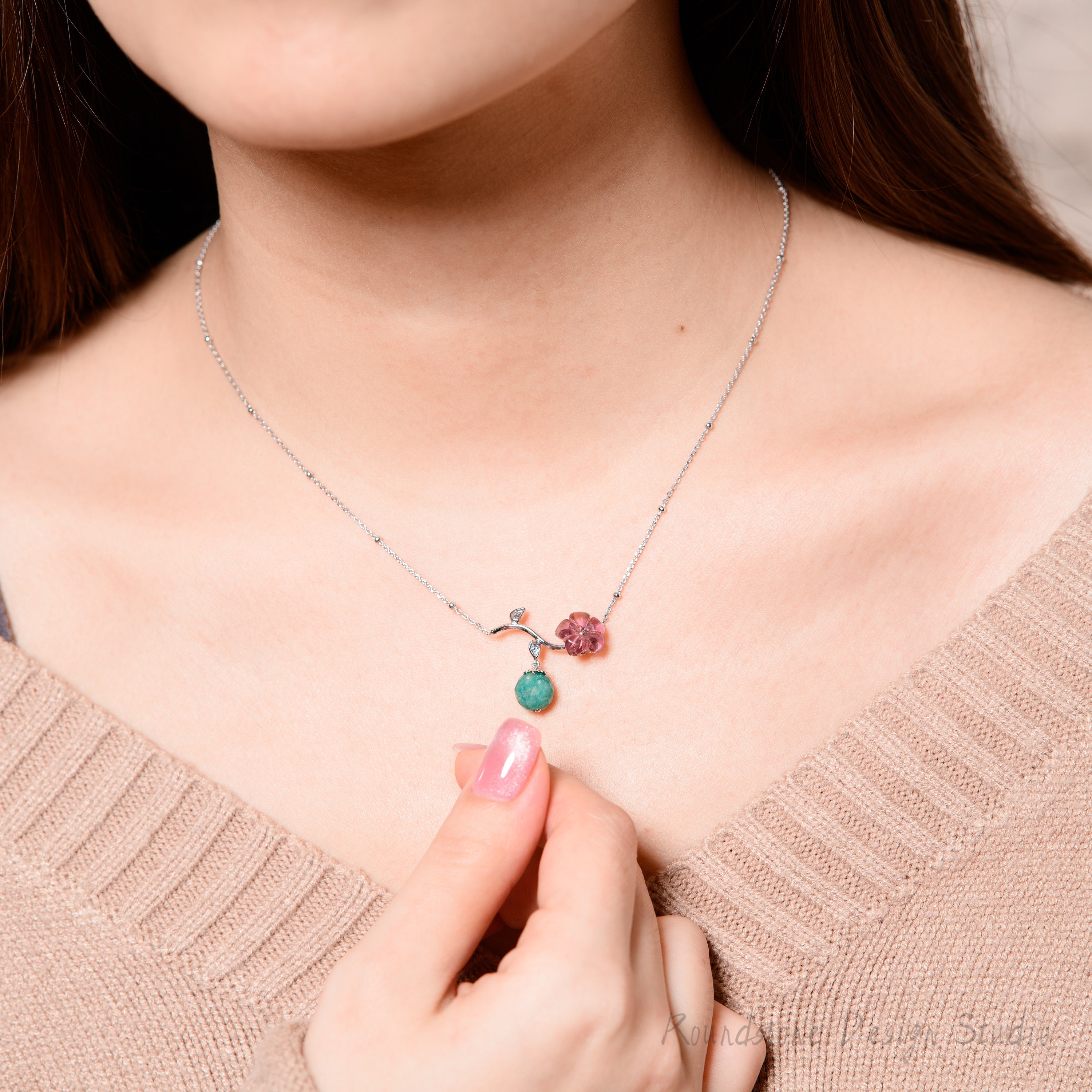 Amazonite and Glazed Purple Floral Necklace 18K White Gold - Etsy