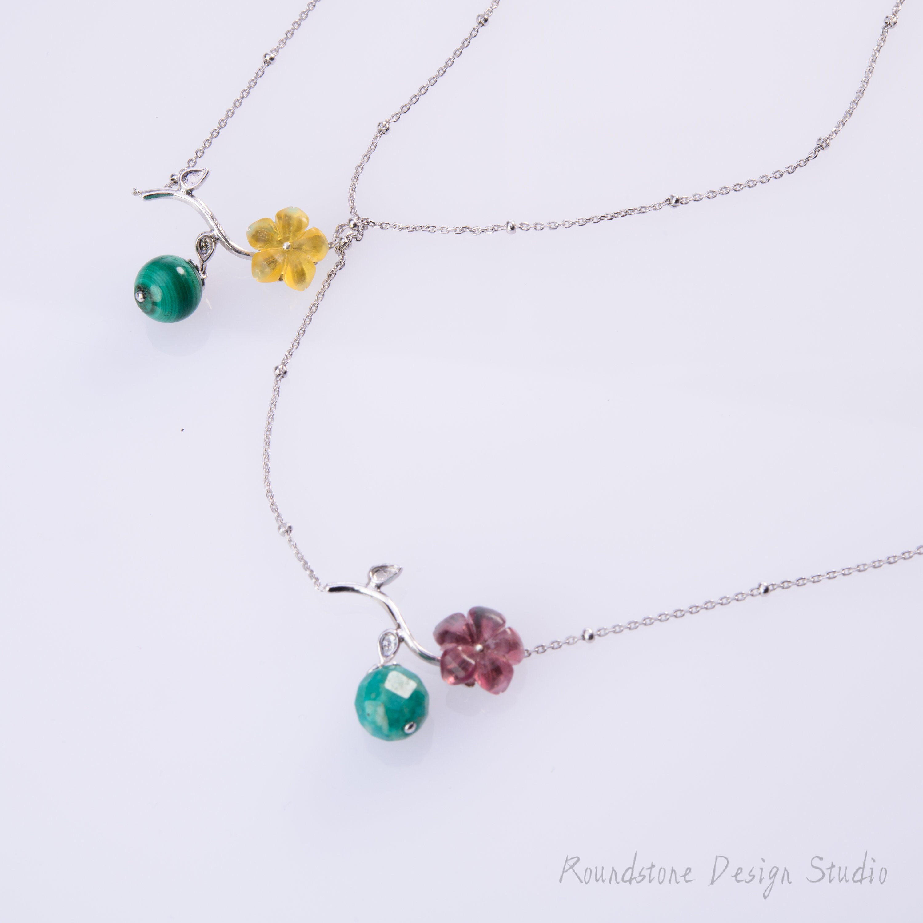Amazonite and Glazed Purple Floral Necklace 18K White Gold Filled Chain ...