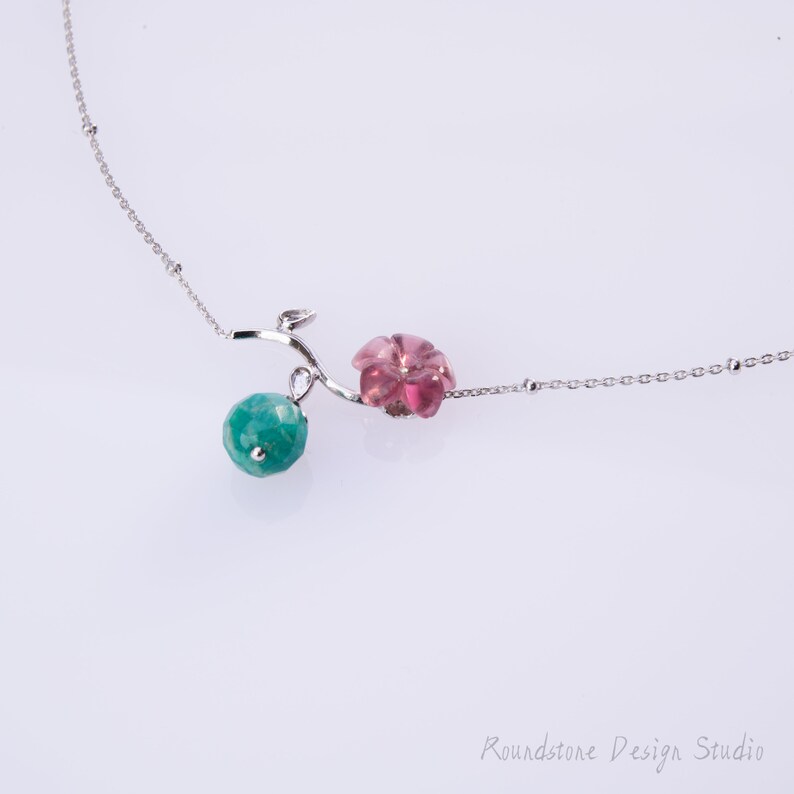 Amazonite and Glazed Purple Floral Necklace 18K White Gold Filled Chain ...