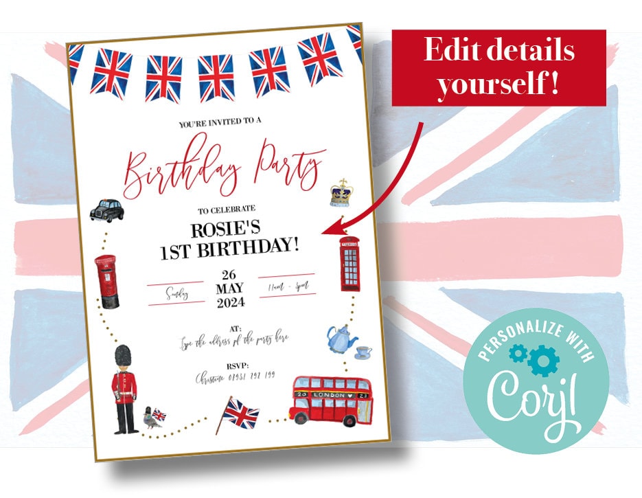 Personalised British Party Invitation Digital Union Jack Style London ...