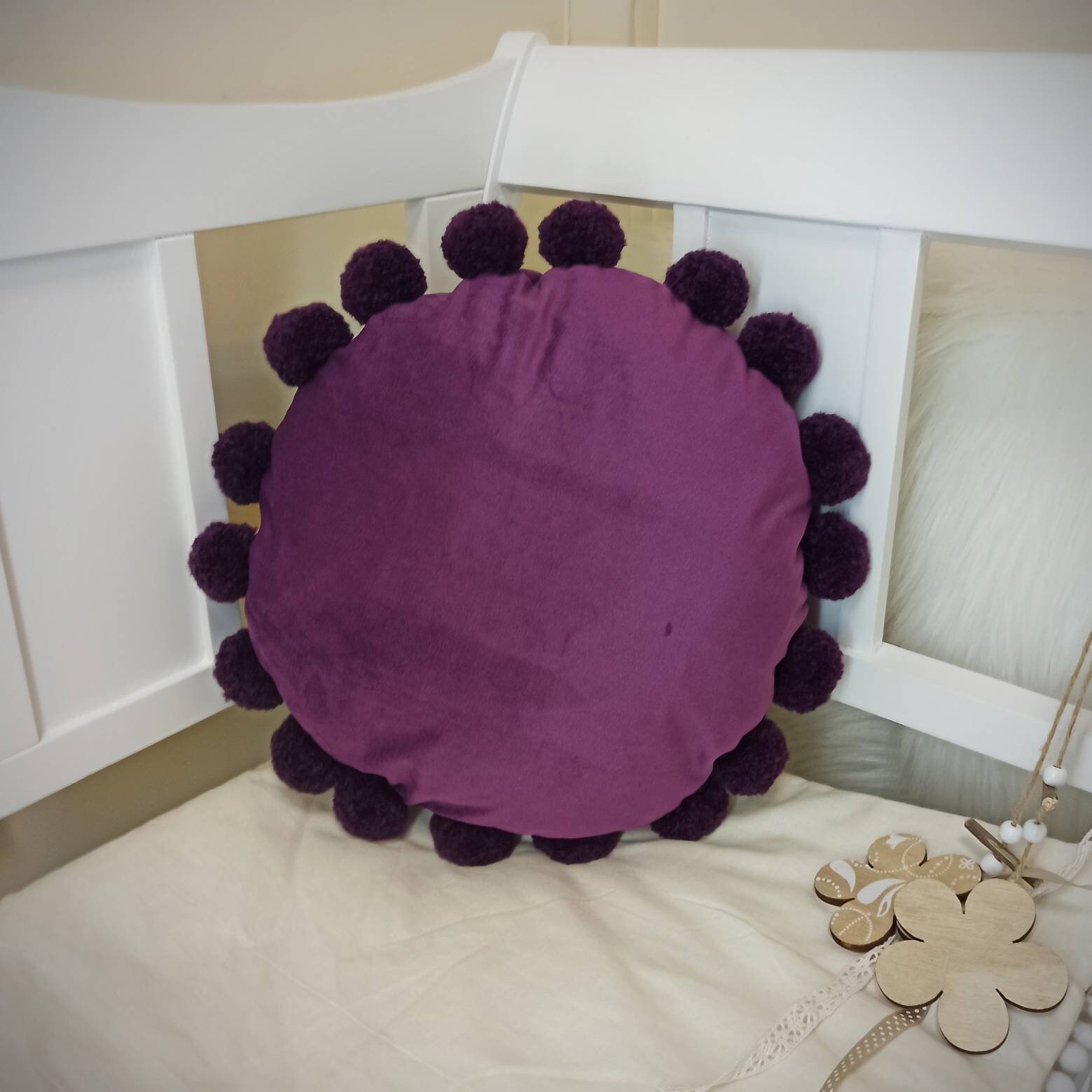 Violet Round Pillow Case, Circle Throw Pillow Cover, Pom Pom Pillow ...