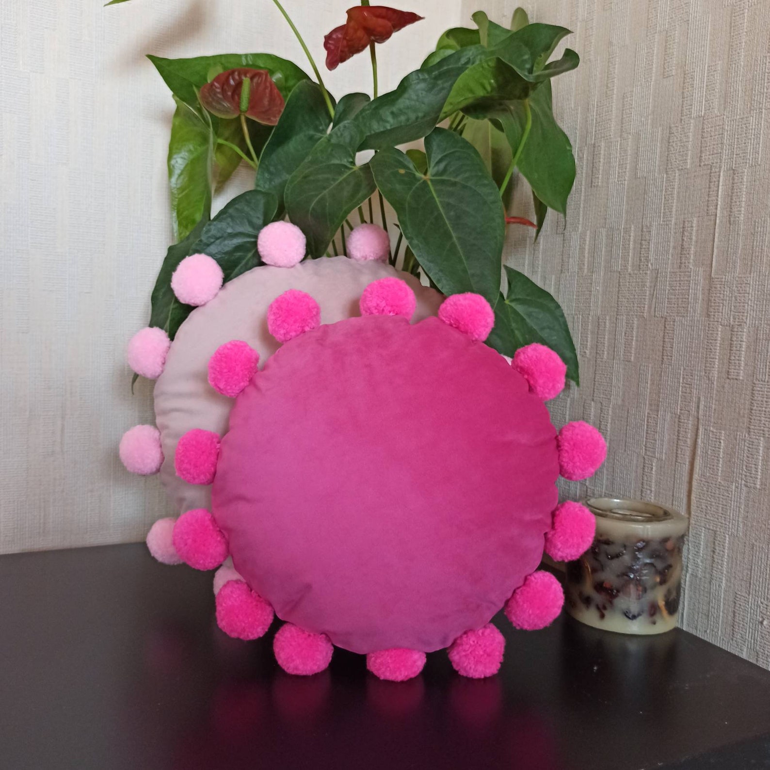 Hot Pink Round Pillow Case Circle Pillow Cover Pink Pom Pom - Etsy