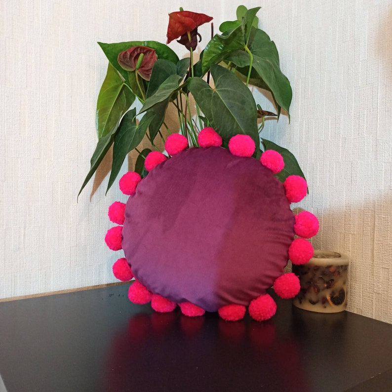 Violet Round Pillow Case, Circle Throw Pillow Cover, Pom Pom Pillow ...