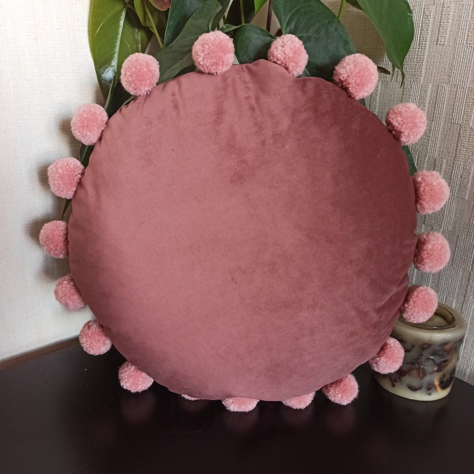 Blush Pink Round Pillow Case, Circle Throw Pillow Cover, Pink Pom Pom ...