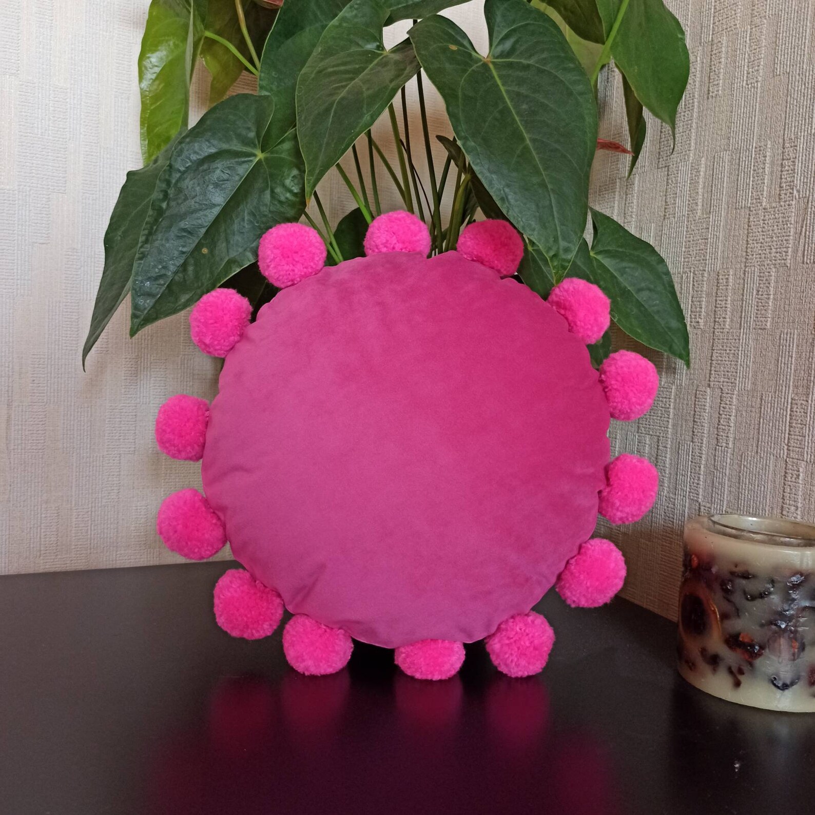 Hot Pink Round Pillow Case Circle Pillow Cover Pink Pom Pom - Etsy