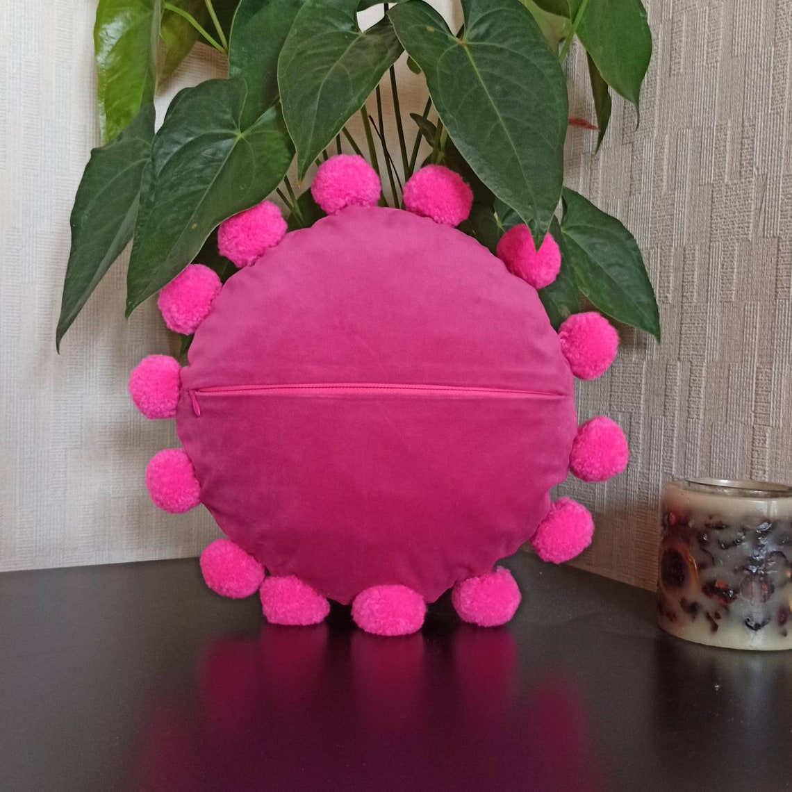 Hot Pink Round Pillow Case Circle Pillow Cover Pink Pom Pom - Etsy