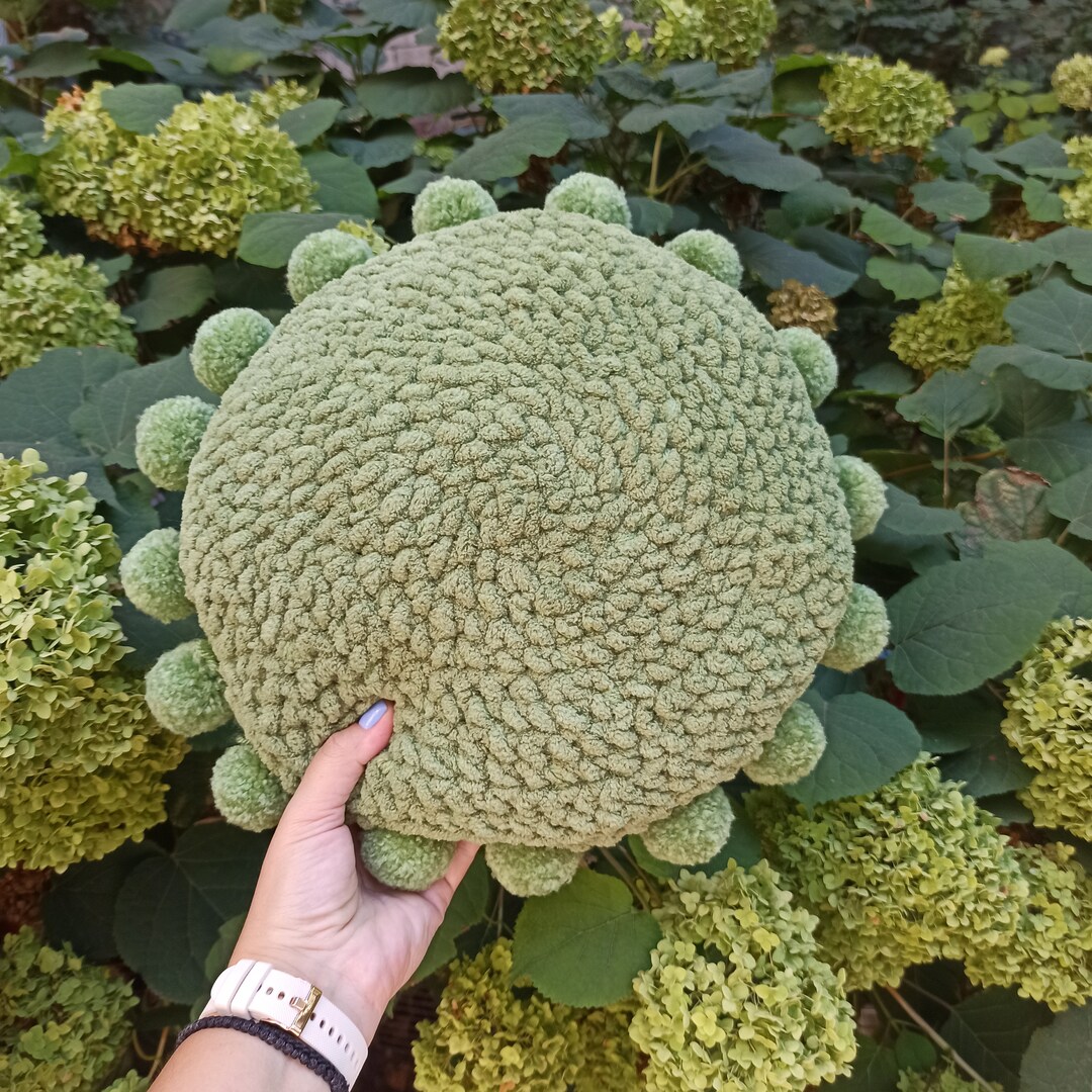 Olive Green Crochet Pom Pom Pillow, Green Circle Pillow, Bobble Pillow ...