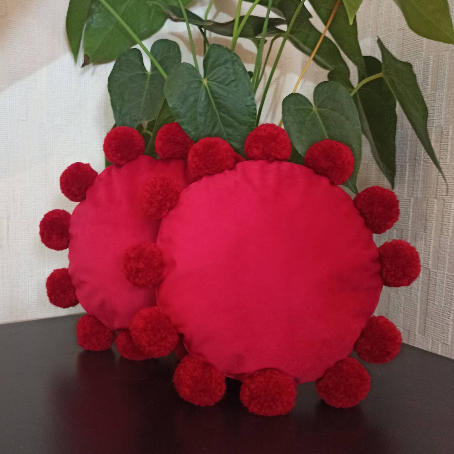 Red round pom pom pillow case Circle throw pillow cover Red | Etsy
