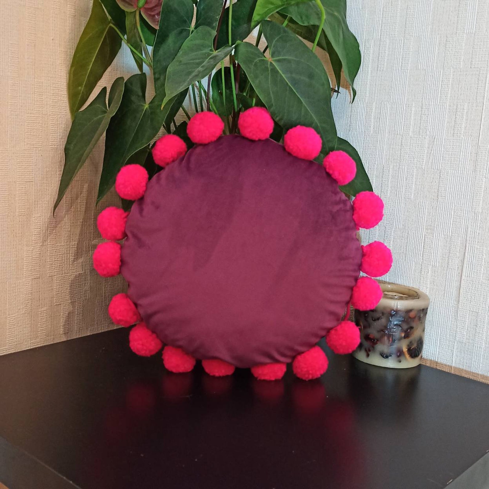 Violet Round Pillow Case, Circle Throw Pillow Cover, Pom Pom Pillow ...