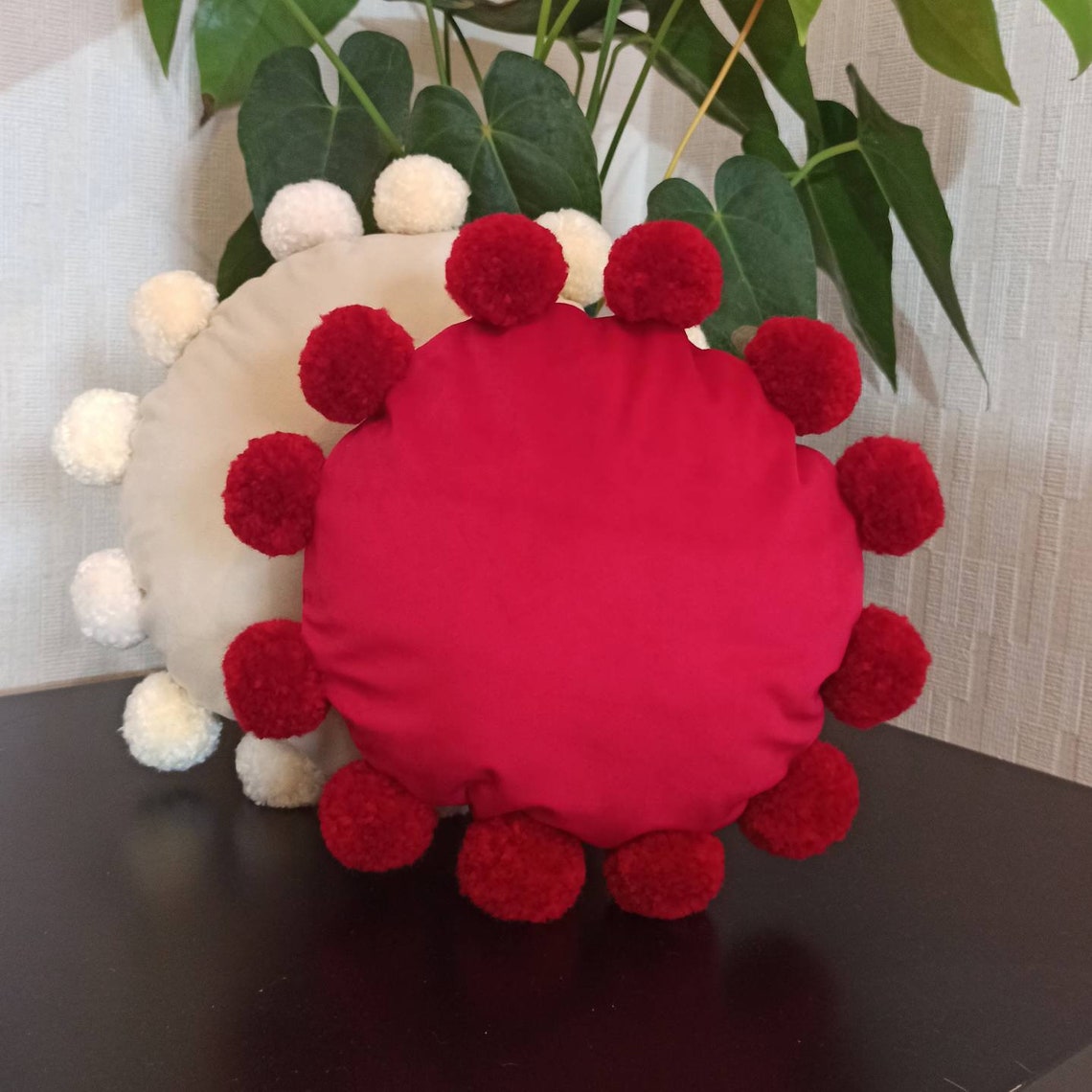 Red round pom pom pillow case Circle throw pillow cover Red | Etsy