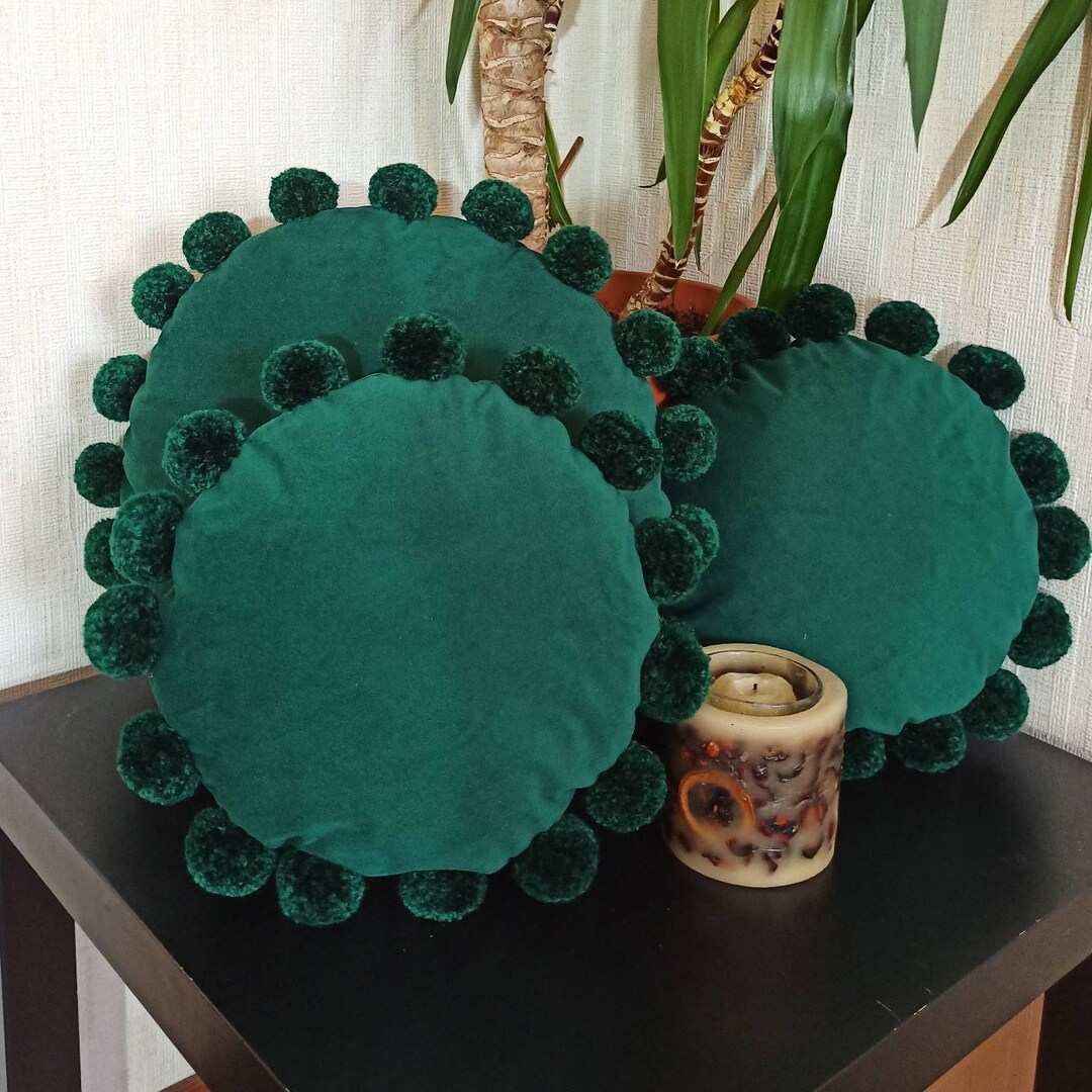 Emerald Green Round Pillow Case, Circle Pom Pom Pillow Cover, Sofa ...
