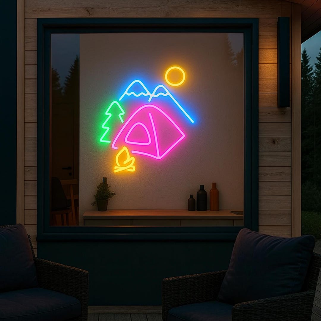 Camping Neon Sign: LED Tent, Campfire & Mountain Wall Art - Etsy