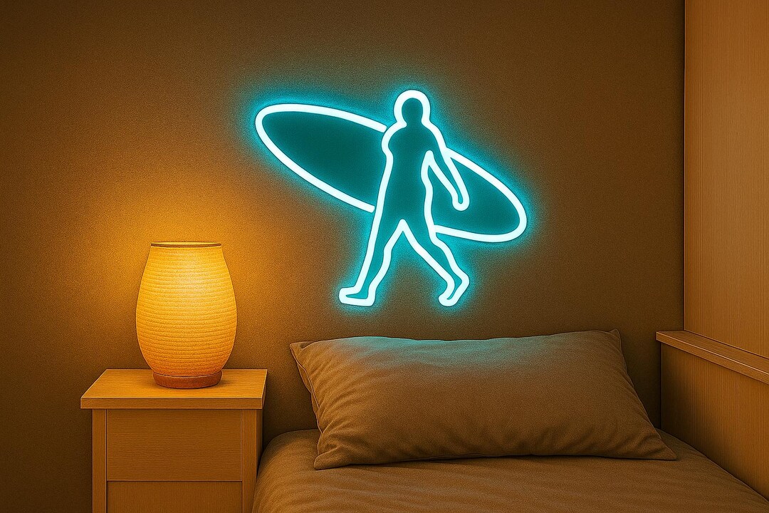 Surfboard Neon Sign: Surf Girl LED Light - Coastal Wall Art - Etsy